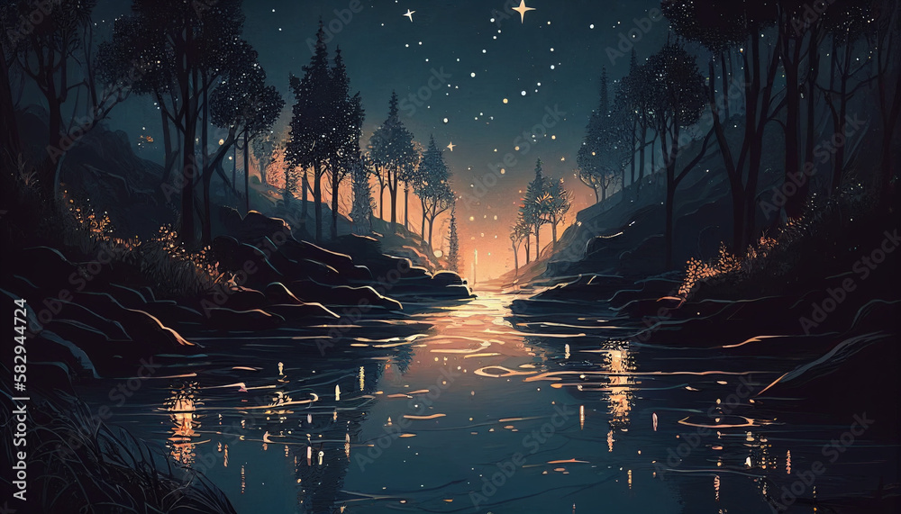 River illustration at night Stock Illustration | Adobe Stock