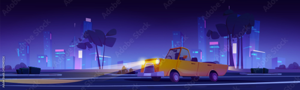Car on parking in night city. Vector cartoon illustration of yellow ...