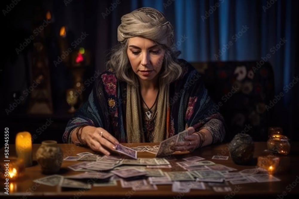 portrait of a female mature psychic with a burning candle reading tarot ...