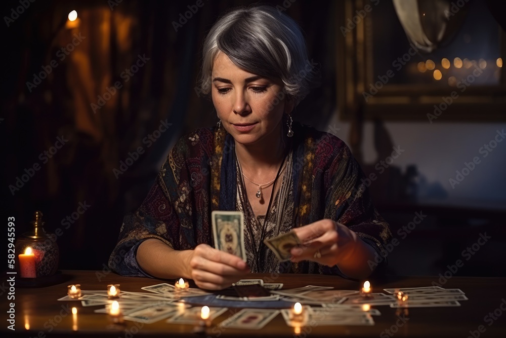 portrait of a female mature psychic with a burning candle reading tarot ...