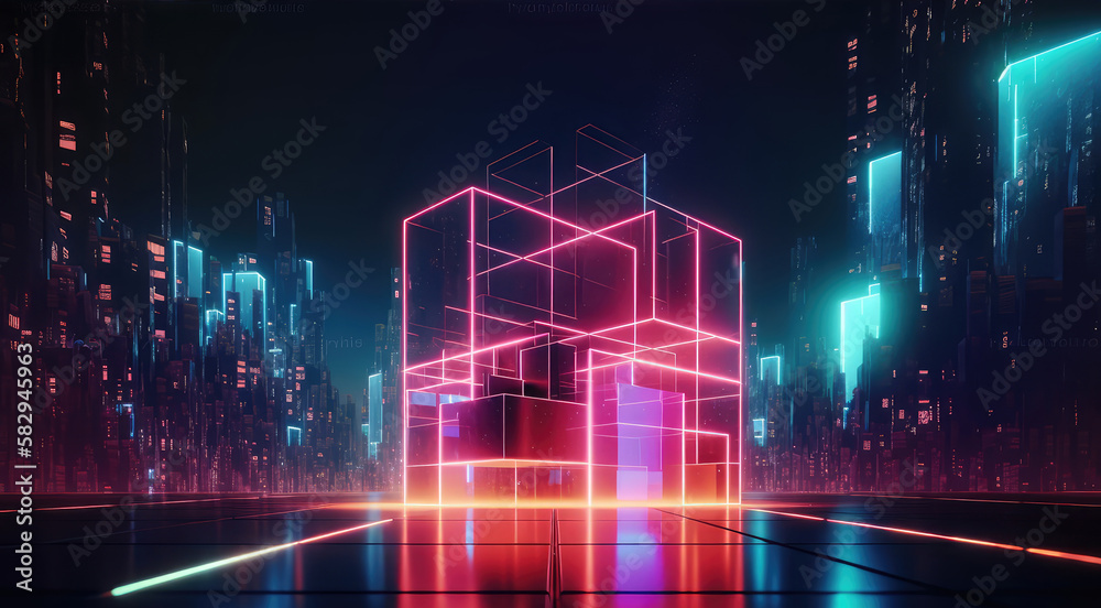 abstract red blue neon background. Glowing linear volumetric cube in ...