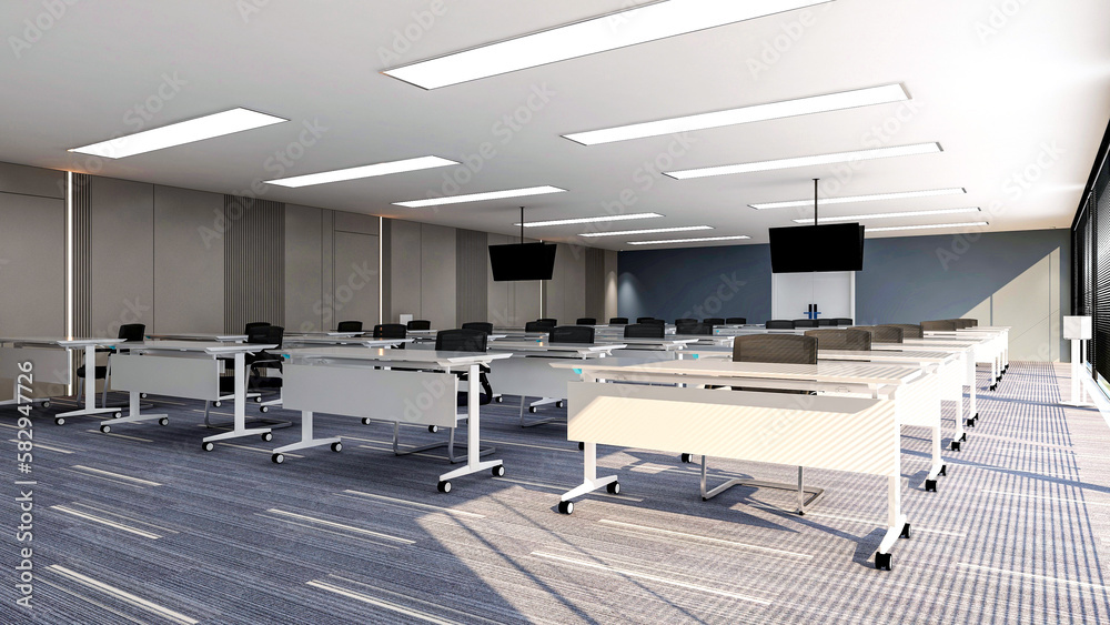 Interior of large modern office training room with large curved monitor ...