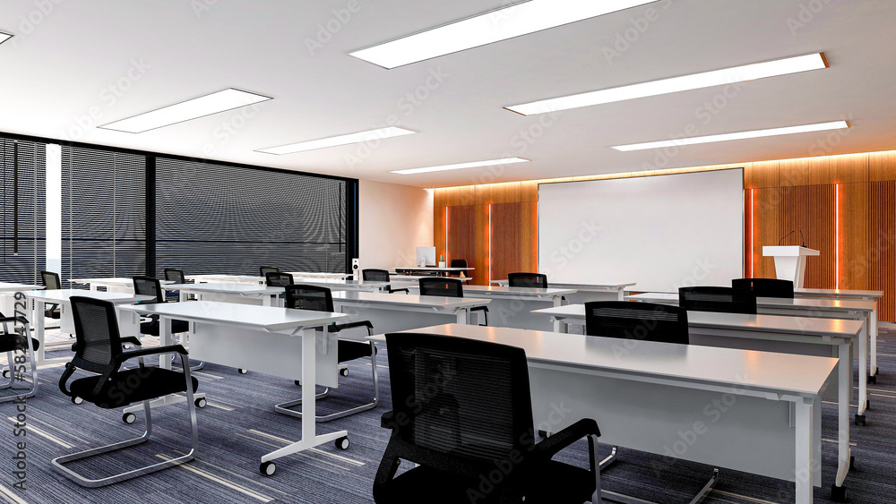 Interior of large modern office training room with large curved monitor ...