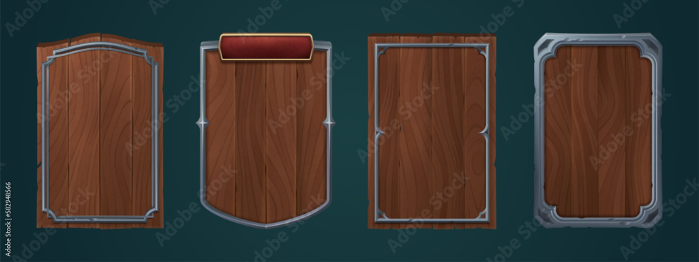 Cartoon ui wooden texture fantasy game sign board. Wood plank panel on ...