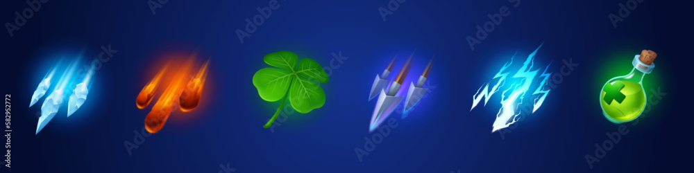 Magic spells and game skills icons. Fantasy light and fire effects ...