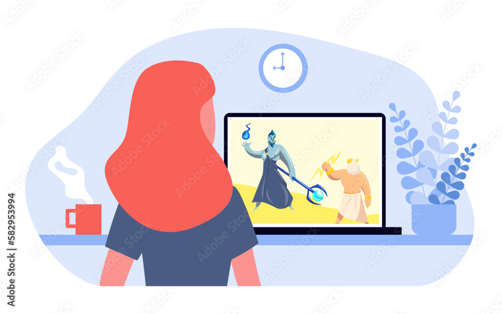 Vetor de Back view of girl watching cartoon about Greek mythology ...