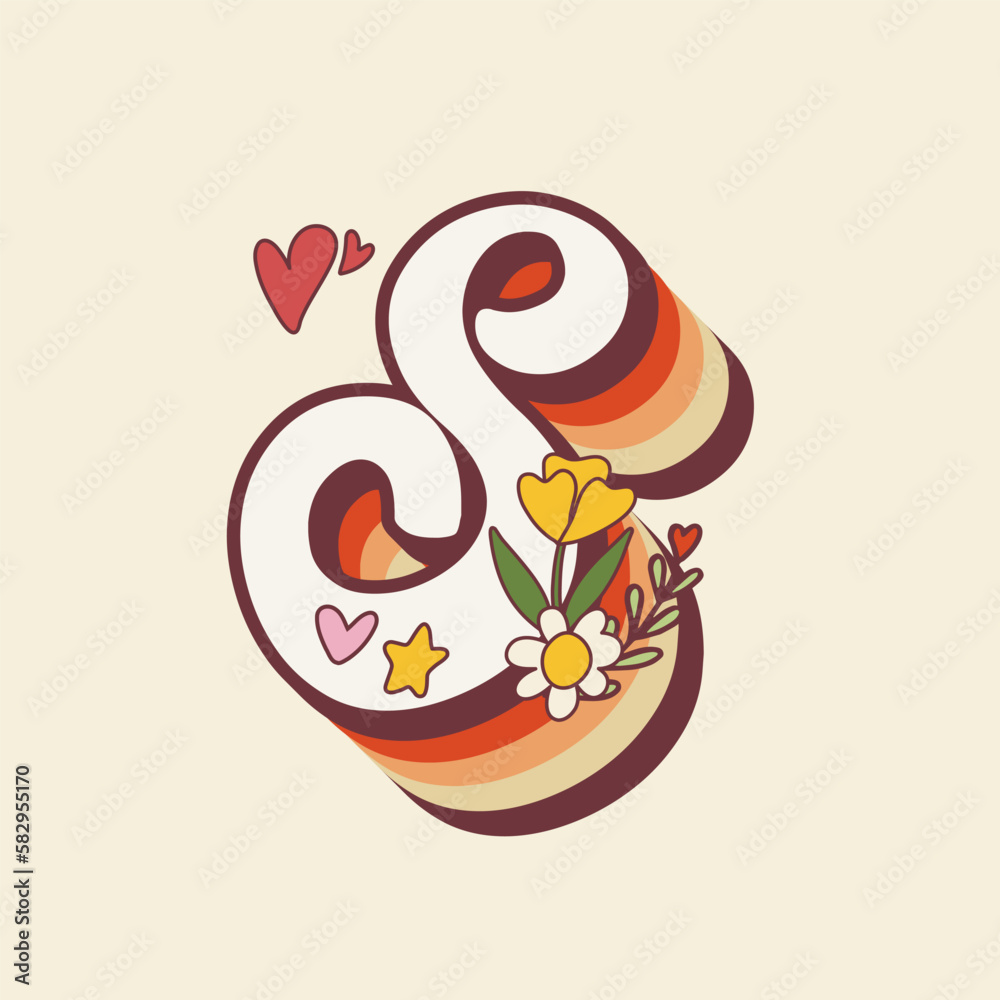 Groovy retro hippie stylized Initial Letter S with flowers. Seventies ...