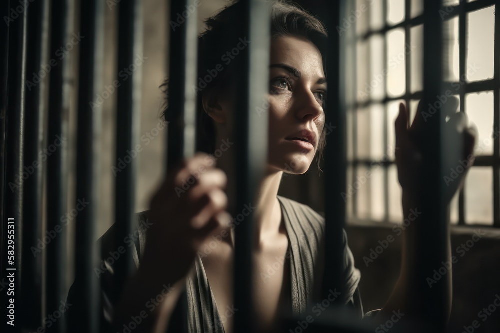 A woman in prison gazes out the window with a sad and lonely expression ...