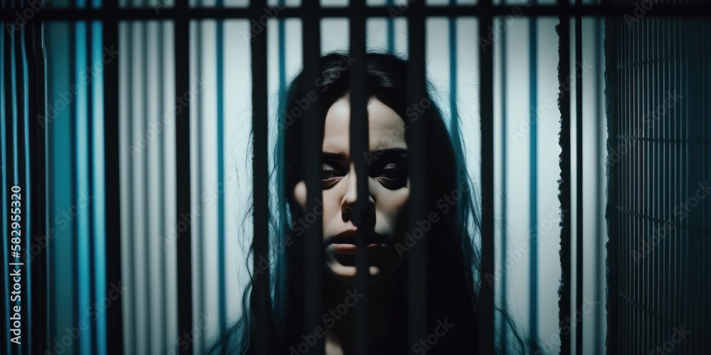 A woman in prison gazes out the window with a sad and lonely expression ...