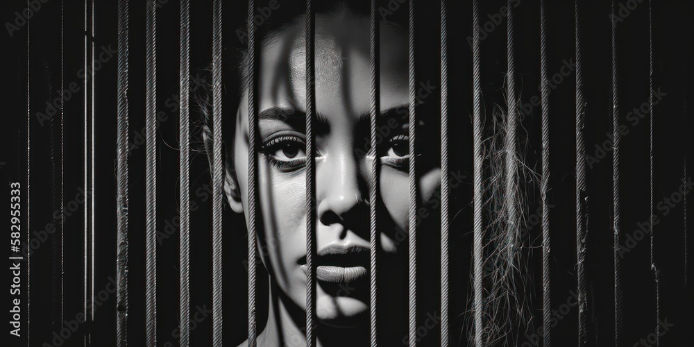 A woman in prison gazes out the window with a sad and lonely expression ...