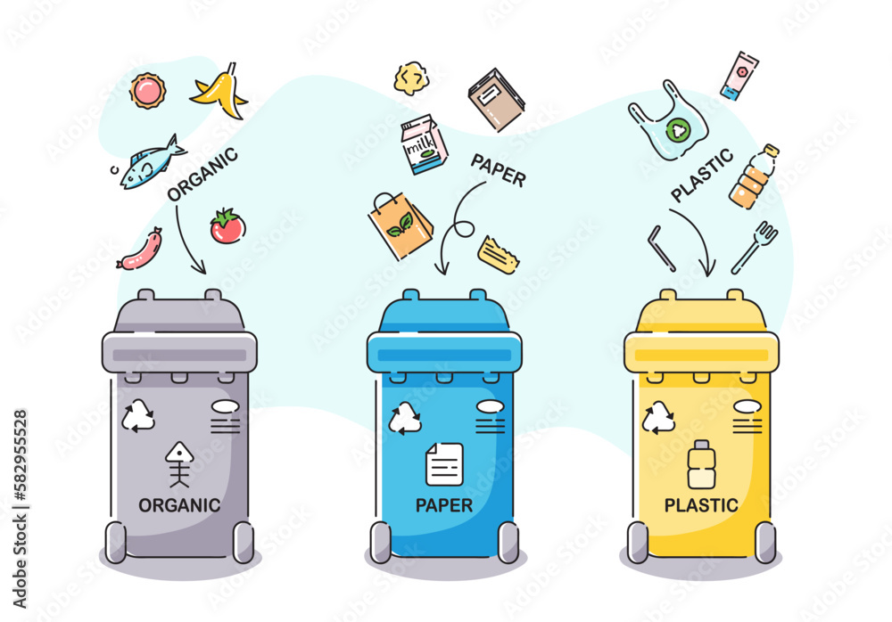 Waste bins set for sorting recycle garbage. Different trash types ...