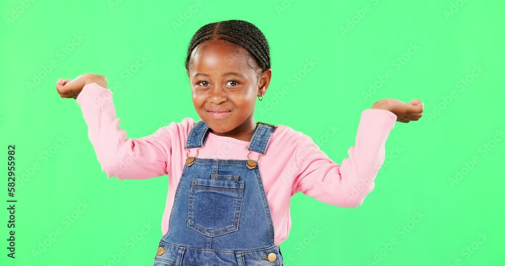 Little girl, face and doubt with smile on green screen for question ...