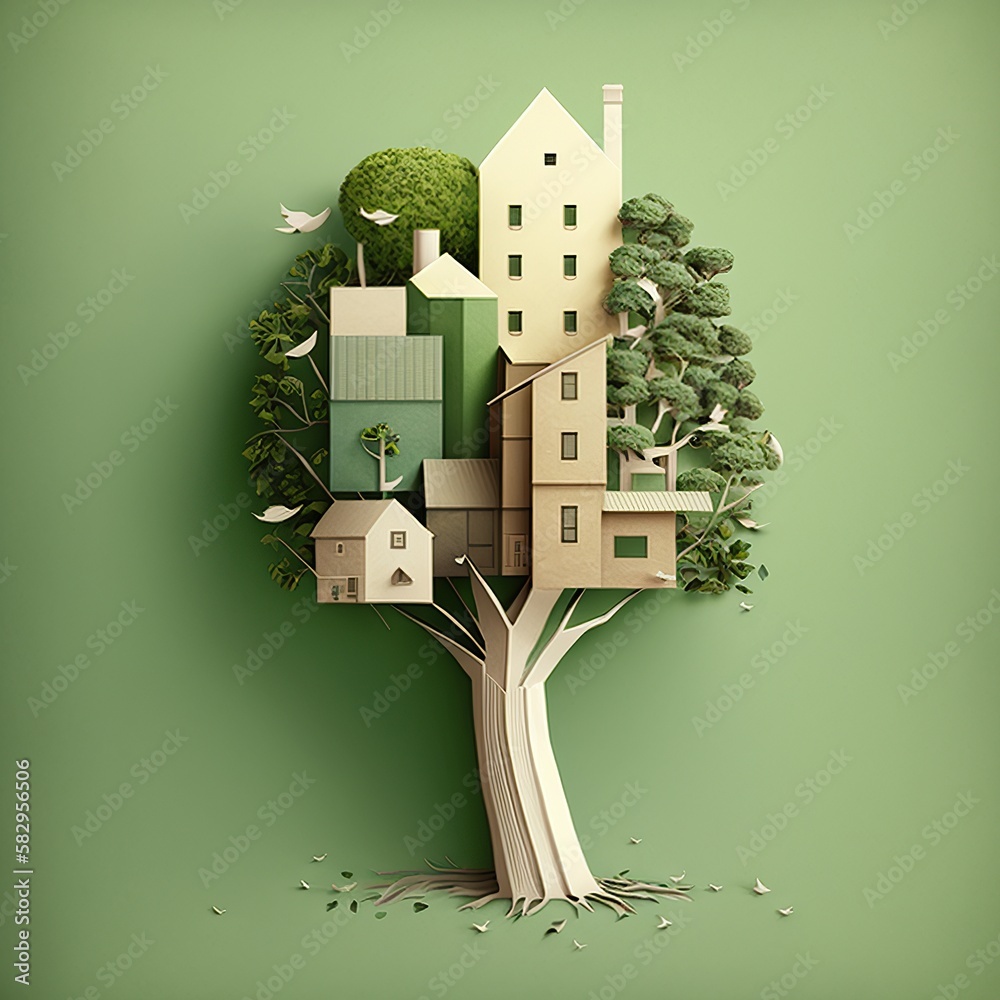 Harmony of tree and city, sustainable living, climate change awareness ...