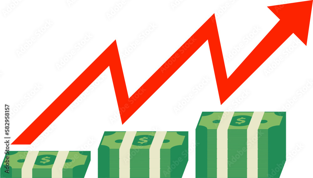 Money inflation illustration. Graph arrow with stacked cash for ...