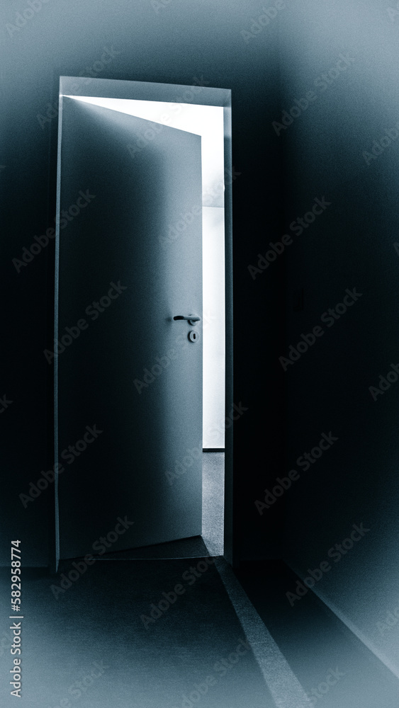 Half open door, mystical, mysterious. Concept. Vintage. Dark floor with ...