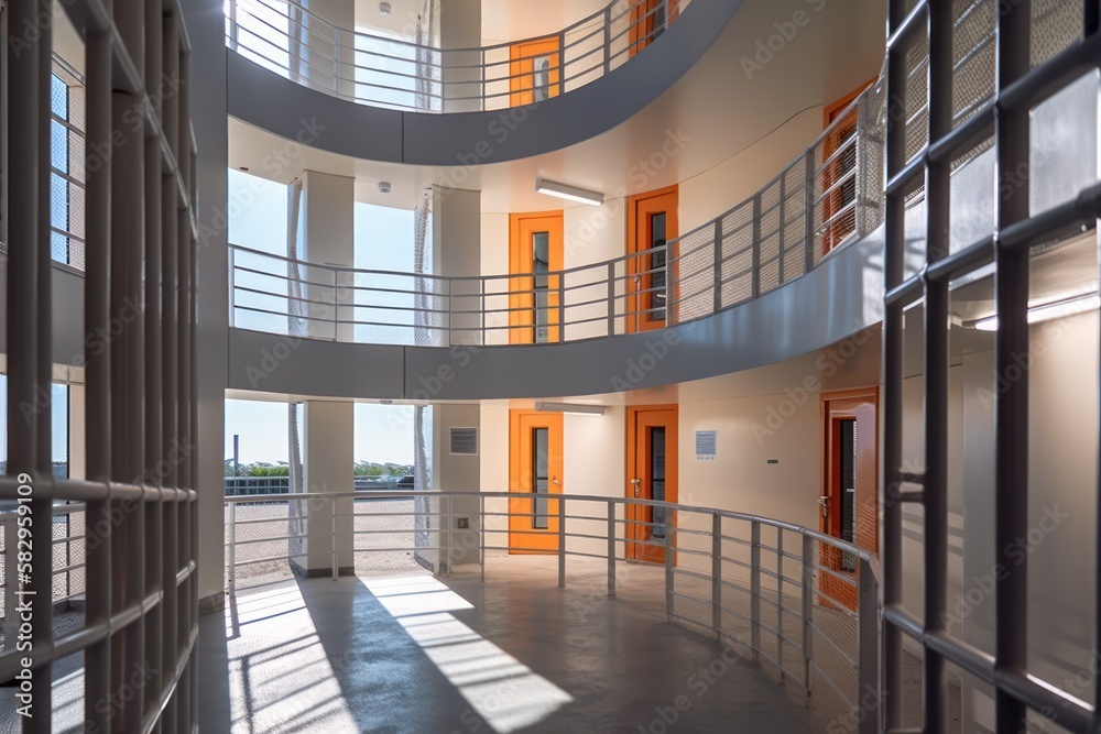 Prison corridor, jail cell and open metal bars door, empty dark ...
