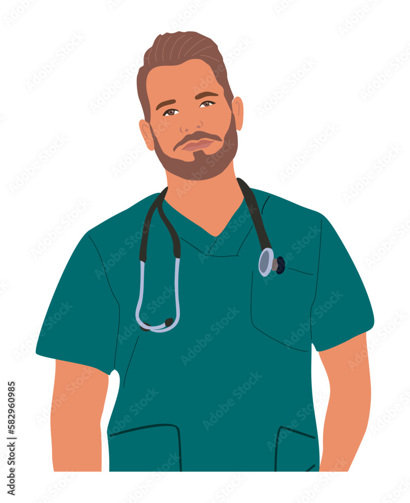 Confident male doctor, medic worker in uniform with stethoscope. Flat ...