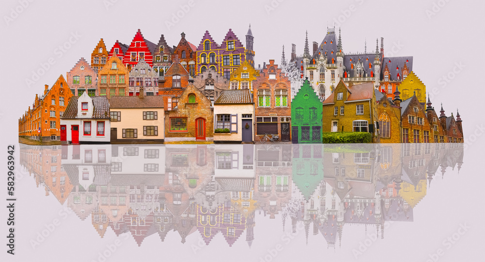 The collage from views of historic medieval buildings along a canal in ...