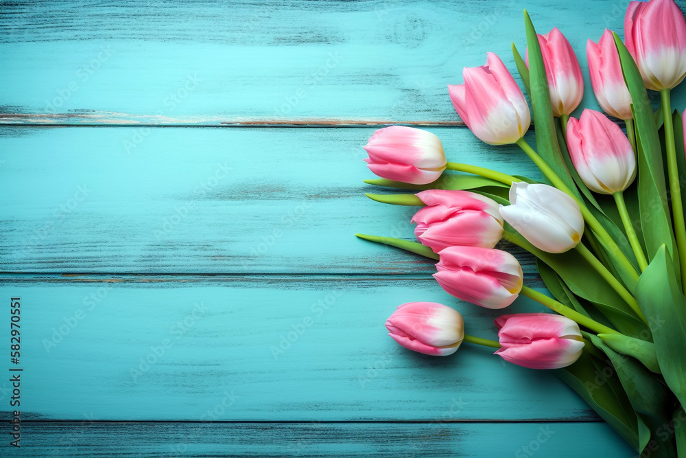 Tulip border with copy space. Bouquet of pink tulips flowers on ...