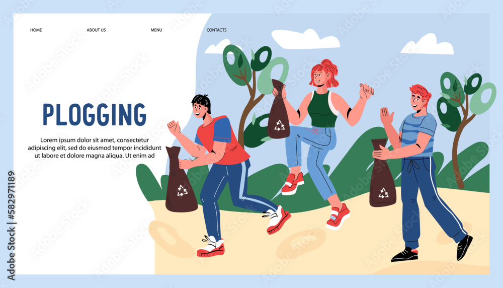 Plogging environmental and sports event website banner with people running with bags and picking ...