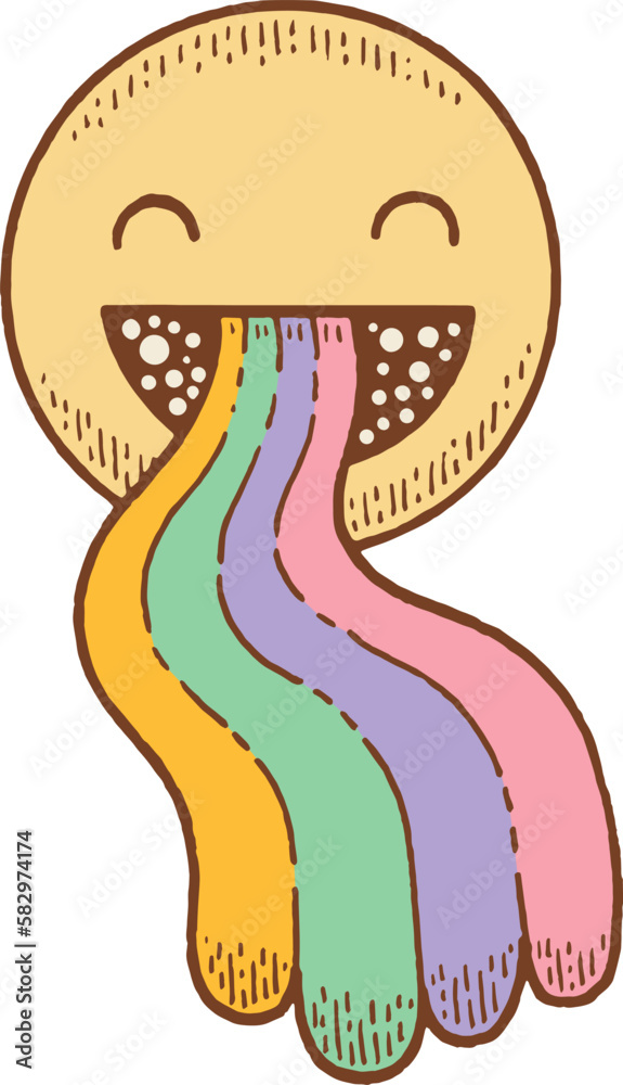 Funny emoji with rainbow barf mouth. Drip cartoon smiley. Rainbow ...