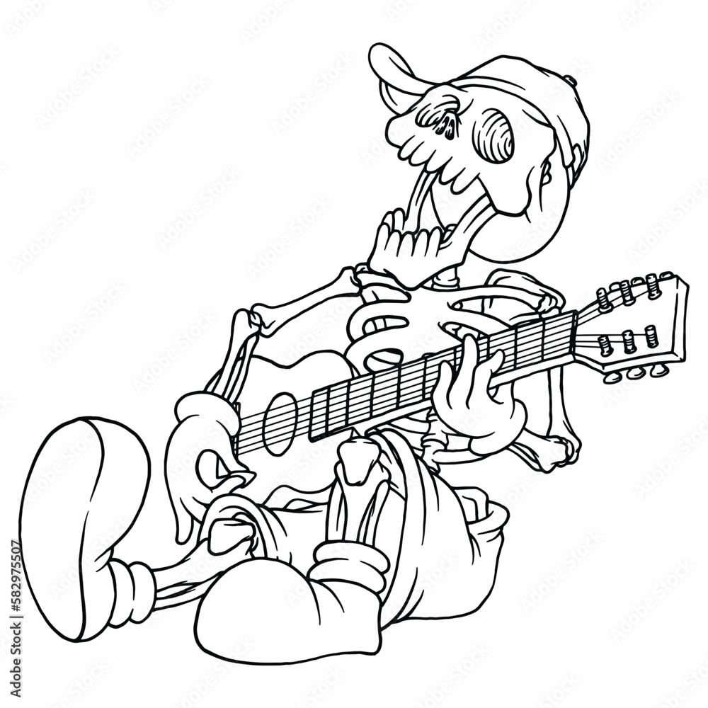 coloring illustration of cartoon skeleton mascot playing guitar Stock ...