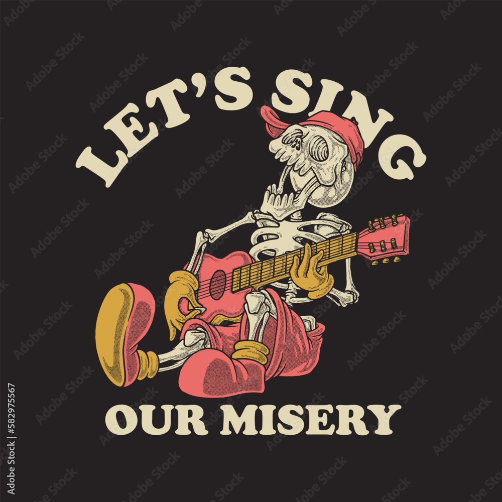 cartoon emblem of skeleton mascot playing guitar with retro style Stock ...