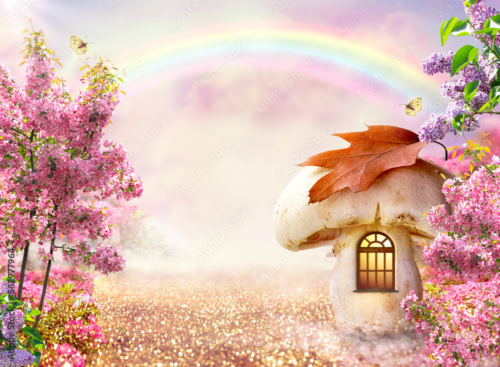 Fantasy fairy tale forest with magical window in giant mushroom gnome ...