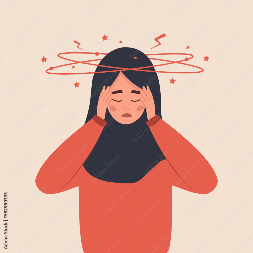 Anemia concept. Sad arabic woman with dizziness. Unhappy girl suffers ...