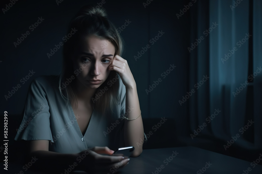 Young sad woman in the depressing world of mobbing and social media ...