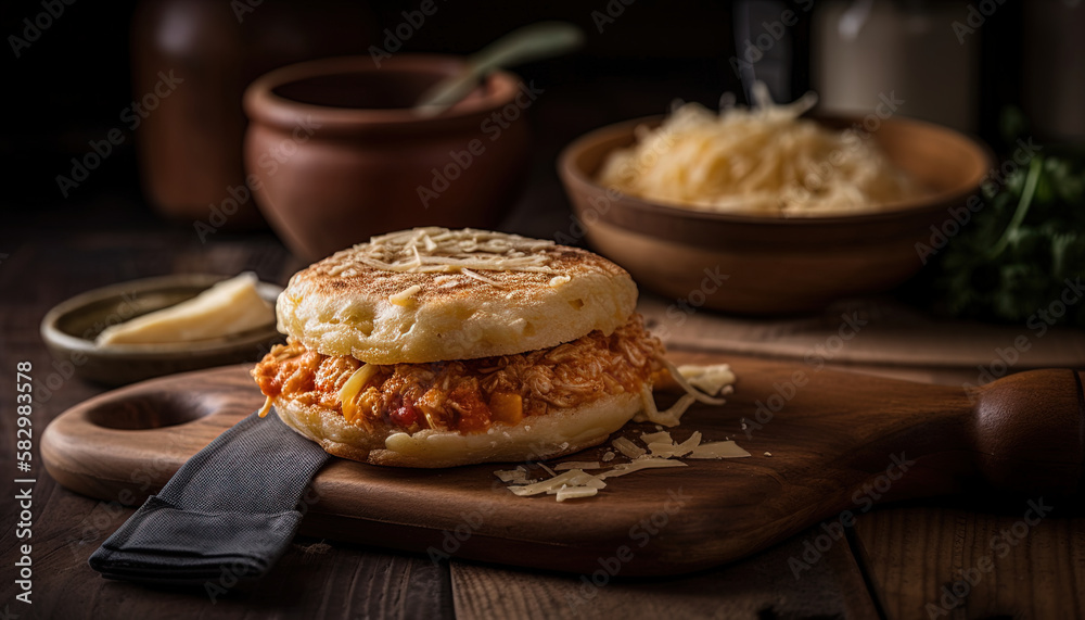 Arepa with Hogao and Cheese. Artisanal arepa columbian food Stock ...