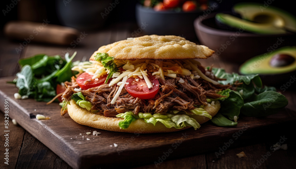 Artisanal arepa columbian food: Arepa with shredded meat Stock ...