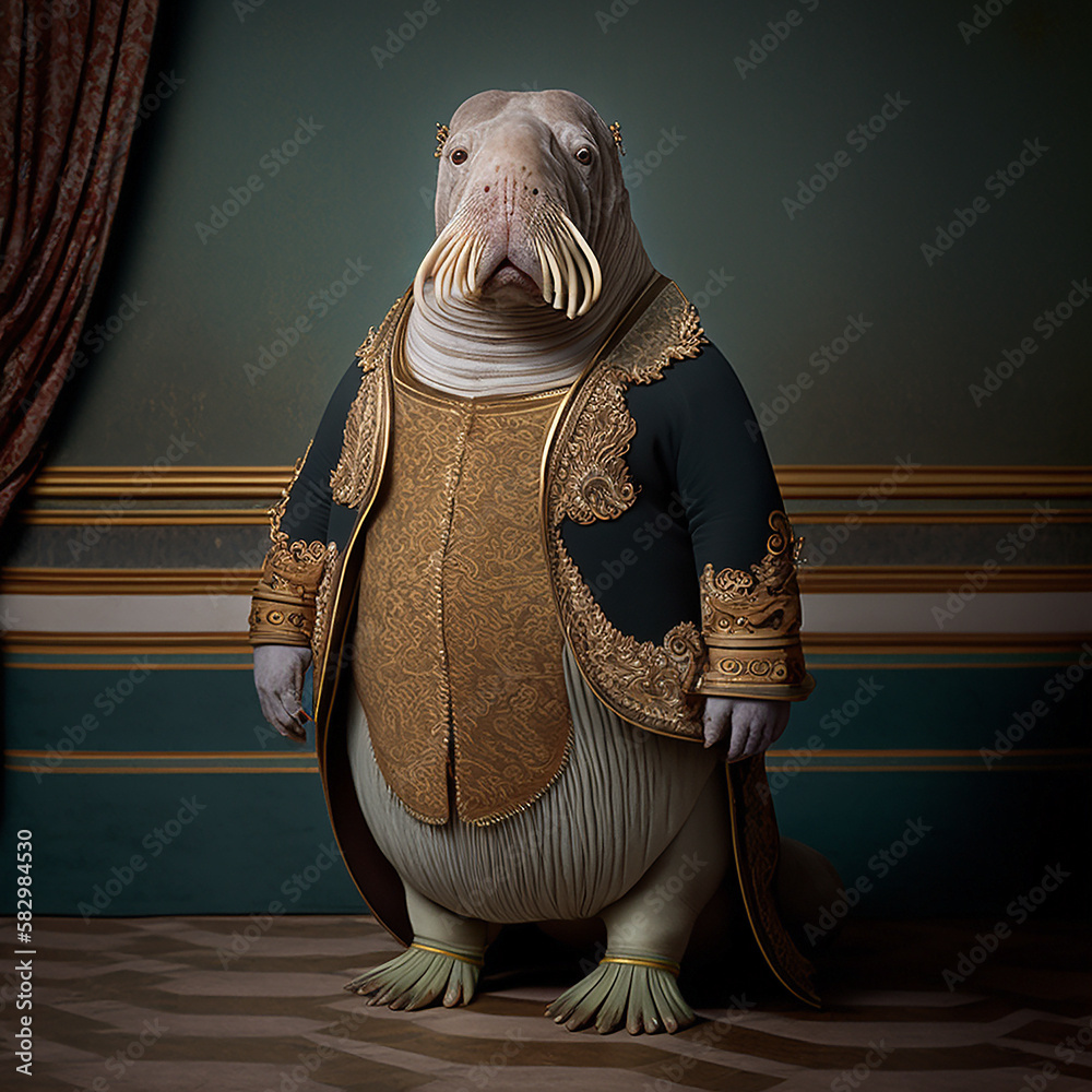 Realistic lifelike glam walrus in baroque noble regal 18th century ...