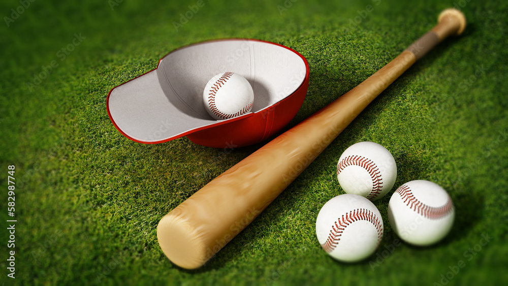 Baseball cap, ball and bat standing on grass field. 3D illustration ...