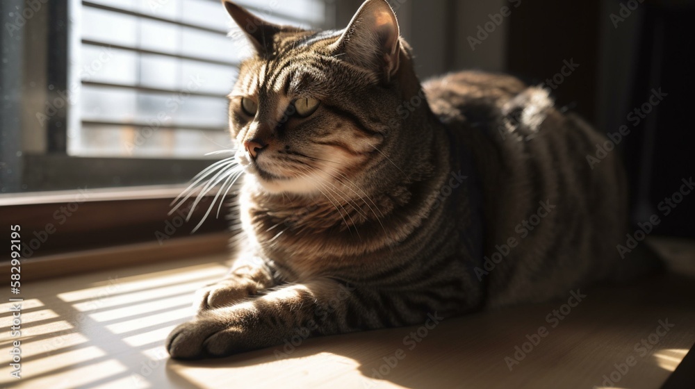 A tubby tabby cat lounging on a windowsill in the sun Generative AI ...
