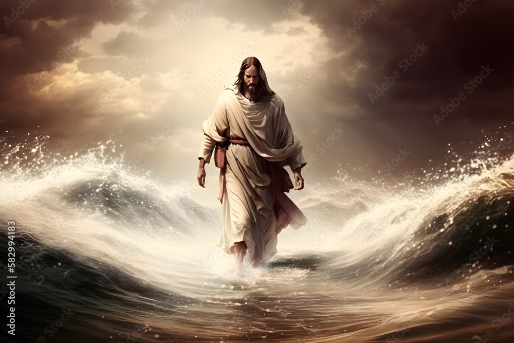 Jesus Christ walking on the water on the sunset, AI generated Stock ...