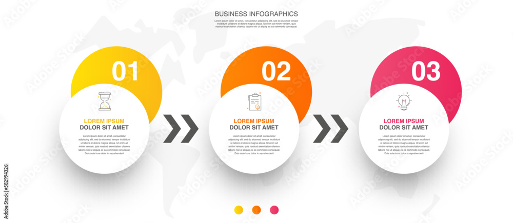 Vector infographics or timeline three circles cards connected by arrows ...