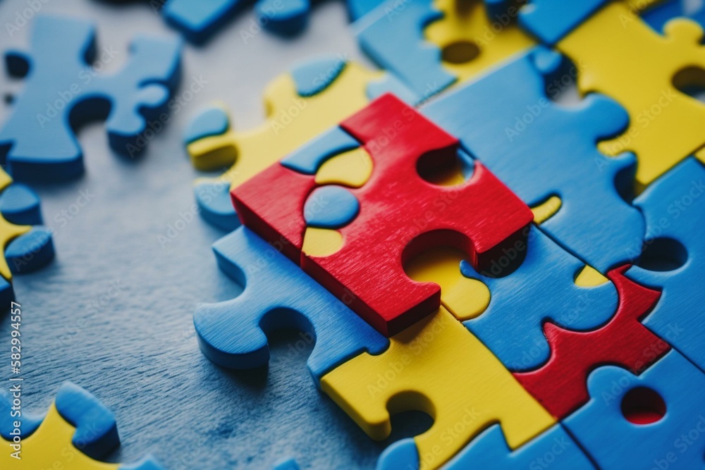 Blue, yellow, red pieces of puzzle on light blue frame background ...