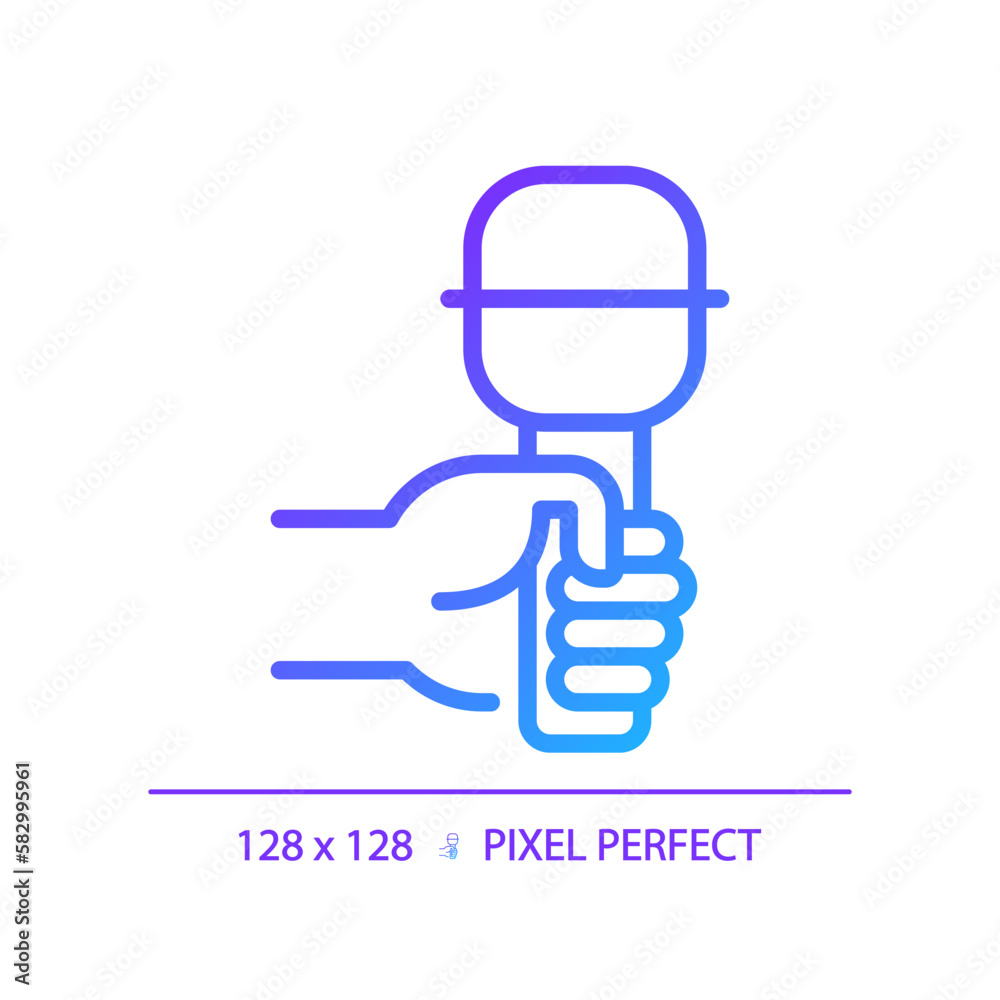 Hand with microphone pixel perfect gradient linear vector icon. Audio ...