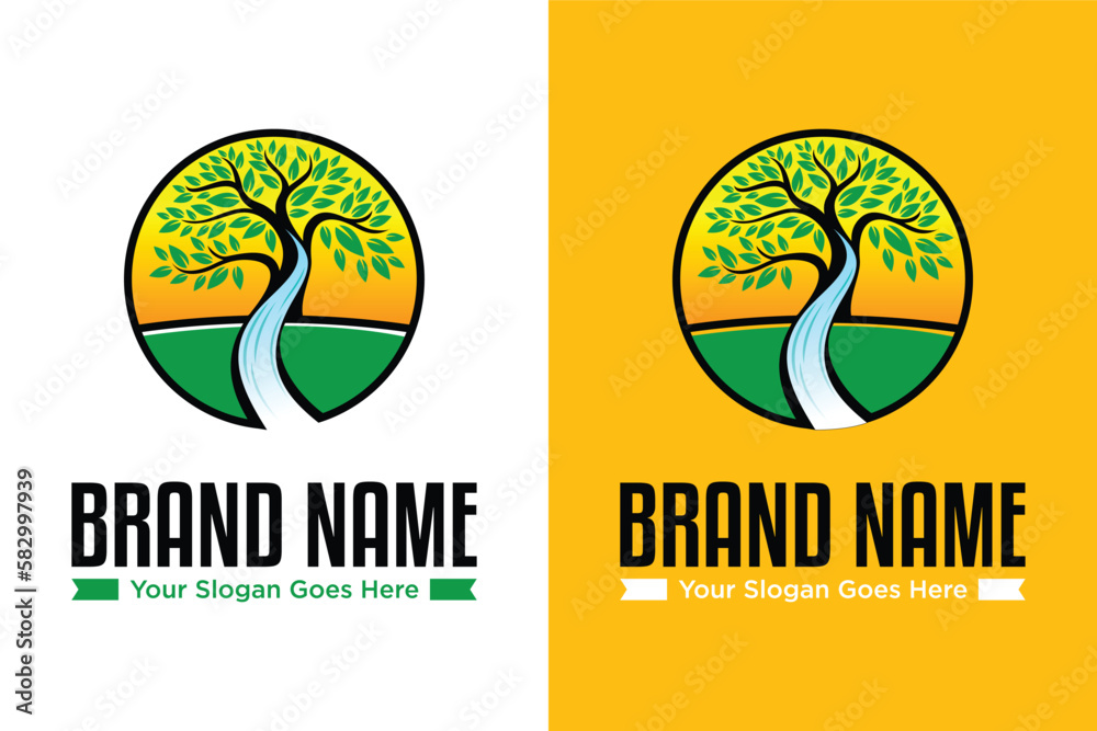 simple modern circular tree with river illustration logo design Stock ...
