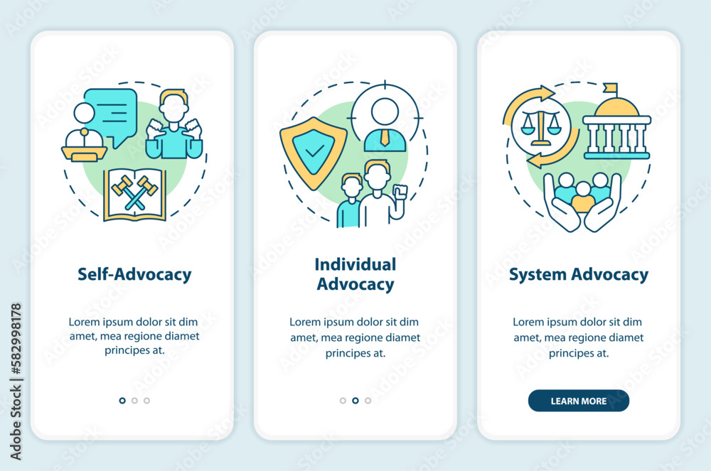 Types of advocacy onboarding mobile app screen. Legal protection ...