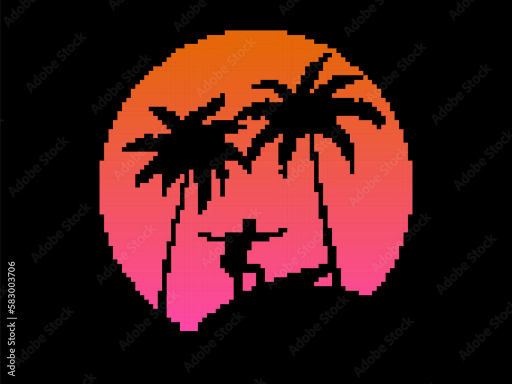 Surfer at sunset with palm trees in pixel art style. Retro sunset with ...