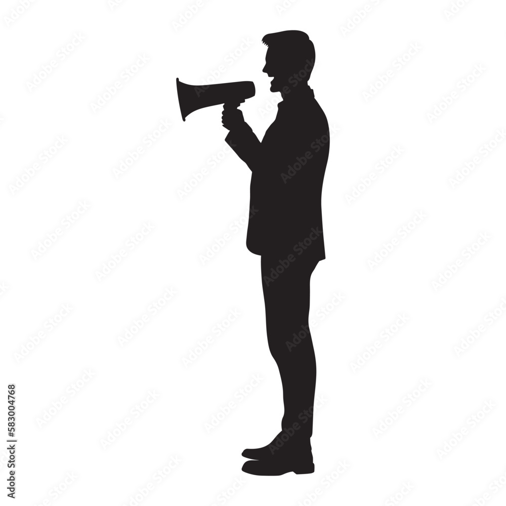 Business man holding megaphone speaker side view vector silhouette ...