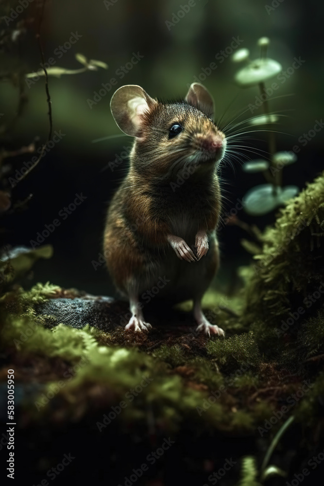 Small cute mouse in a wet green mossy forest, animal in a wild, AI ...
