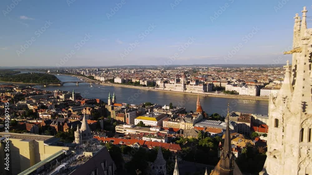 Drone flying close the bell tower of Matthias church, revealing amazing ...