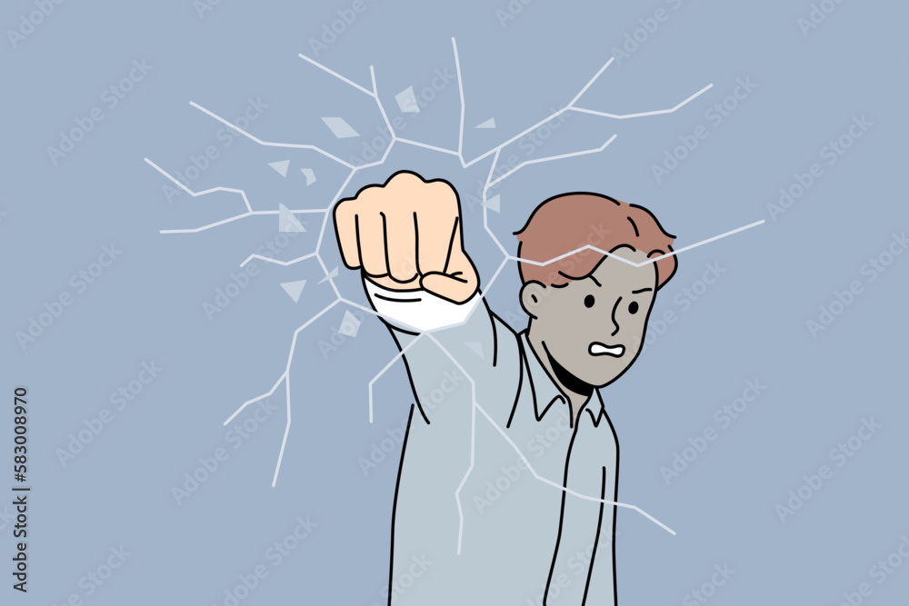 Vetor de Angry man break glass with fist. Furious male employee punch ...