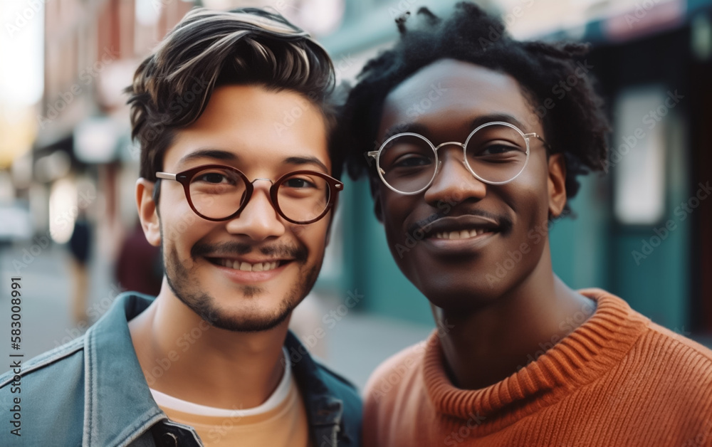 Smiling happy multi-ethnic Gay male Couple. one Caucasian and on ...