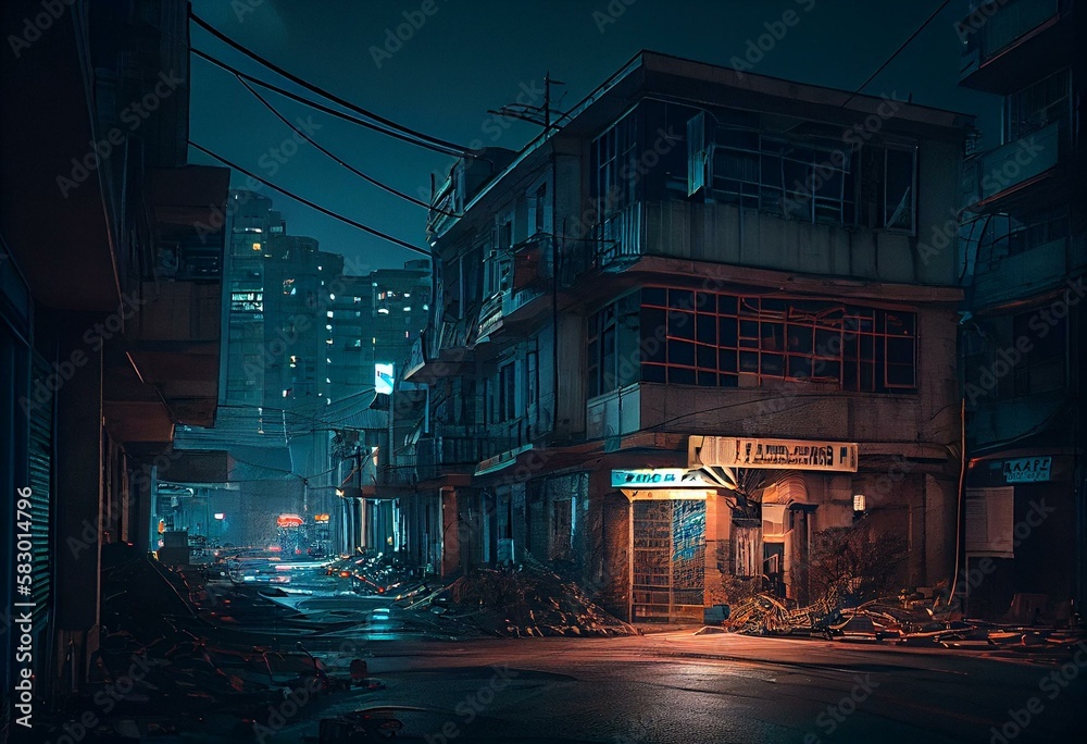 Run-down slum street at night with aging buildings and illuminated ...