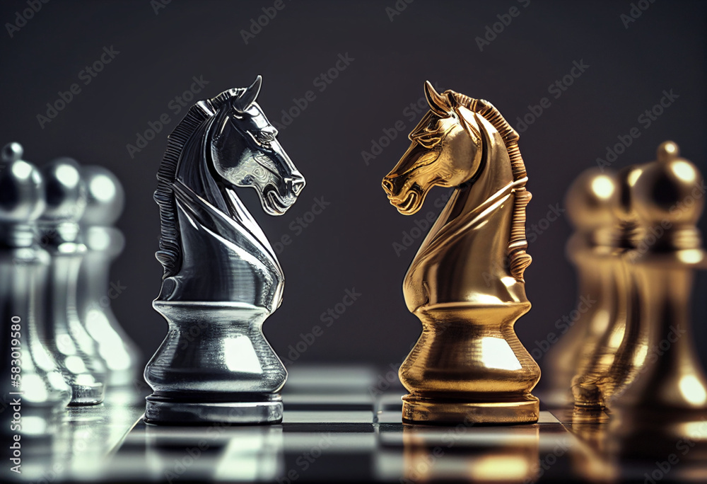 Gold and silver knight chess piece face to face on chessboard ...