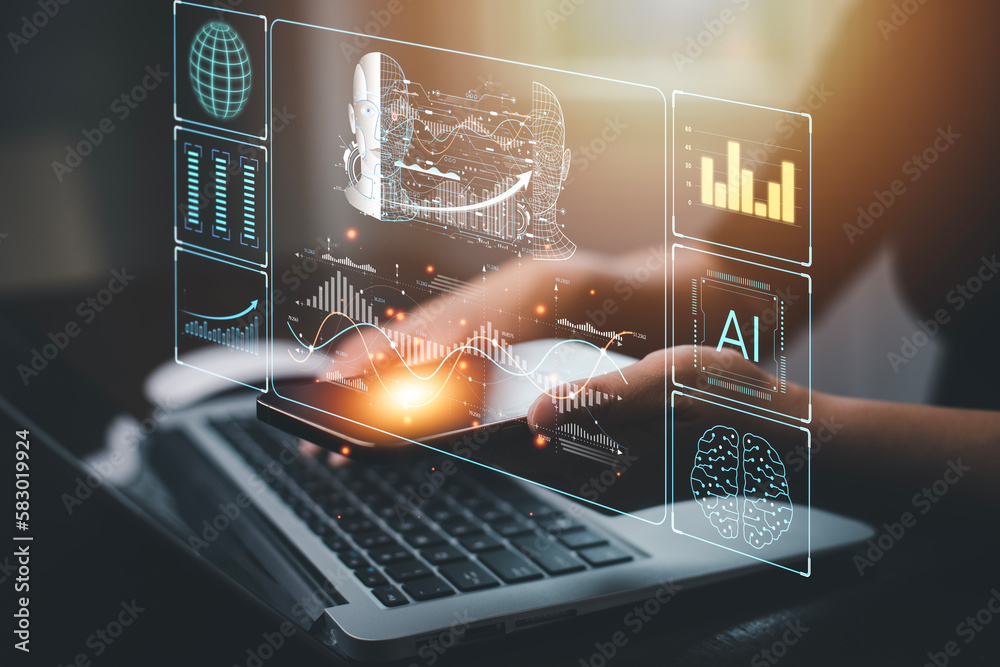 Programmer people working laptops or smartphones with AI, artificial intelligence software ...